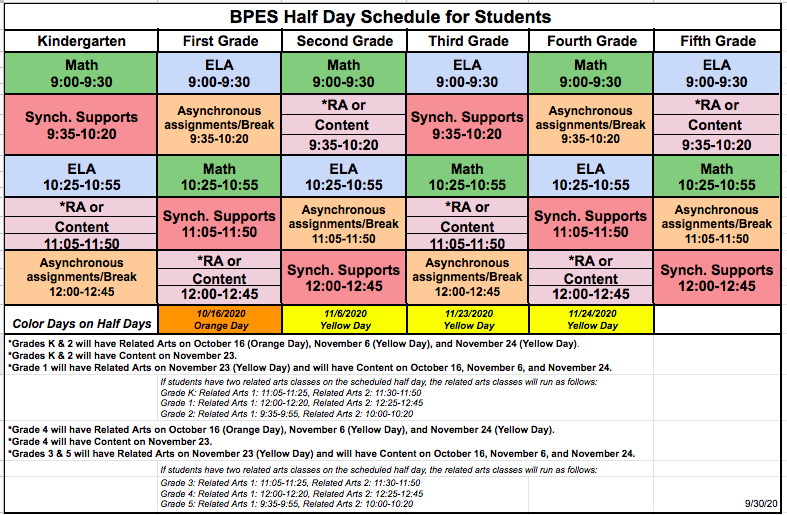  Half Day Schedule Bushy Park Elementary School